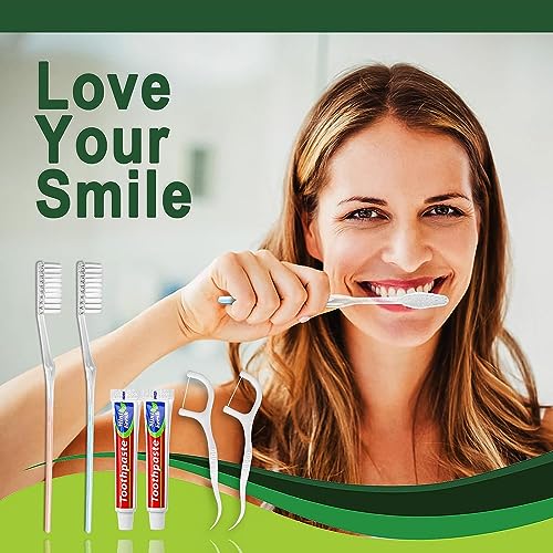 HQSLsund 50pcs Disposable Toothbrushes with Toothpaste Floss Individually Wrapped, 2 Color Disposable Toothbrush, 10g Toothpaste, Dental Floss Pick, Bulk Toothbrush Kit for Homeless,Airbnb,Hotel