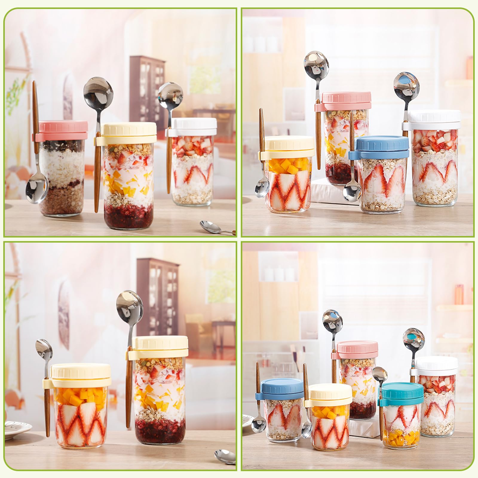 Bravebull 6Pcs Overnight Oats Containers with Lids and Spoon 12 Oz Wide Mouth Mason Jars,Meal Prep Container,Glass Food Storage Containers for Yogurt,Fruit,Cereal,Salad,Oat
