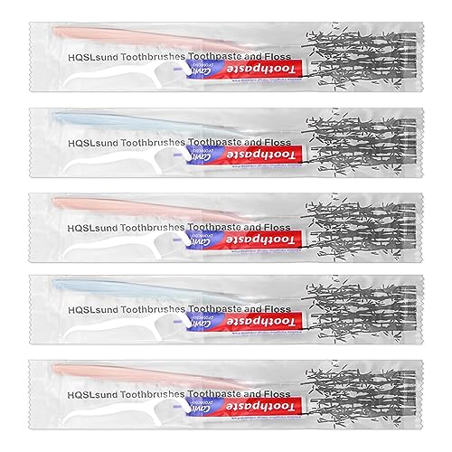 HQSLsund 50pcs Disposable Toothbrushes with Toothpaste Floss Individually Wrapped, 2 Color Disposable Toothbrush, 10g Toothpaste, Dental Floss Pick, Bulk Toothbrush Kit for Homeless,Airbnb,Hotel