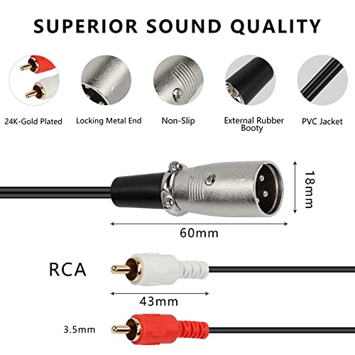 MEIRIYFA XLR Male to 2 Phono RCA Plug Adapter Y Splitter Patch Cable, XLR Male 3 Pin to Dual RCA Male Plug Stereo Audio Cable Connector(1.5M) (XLR Male to 2RCA)