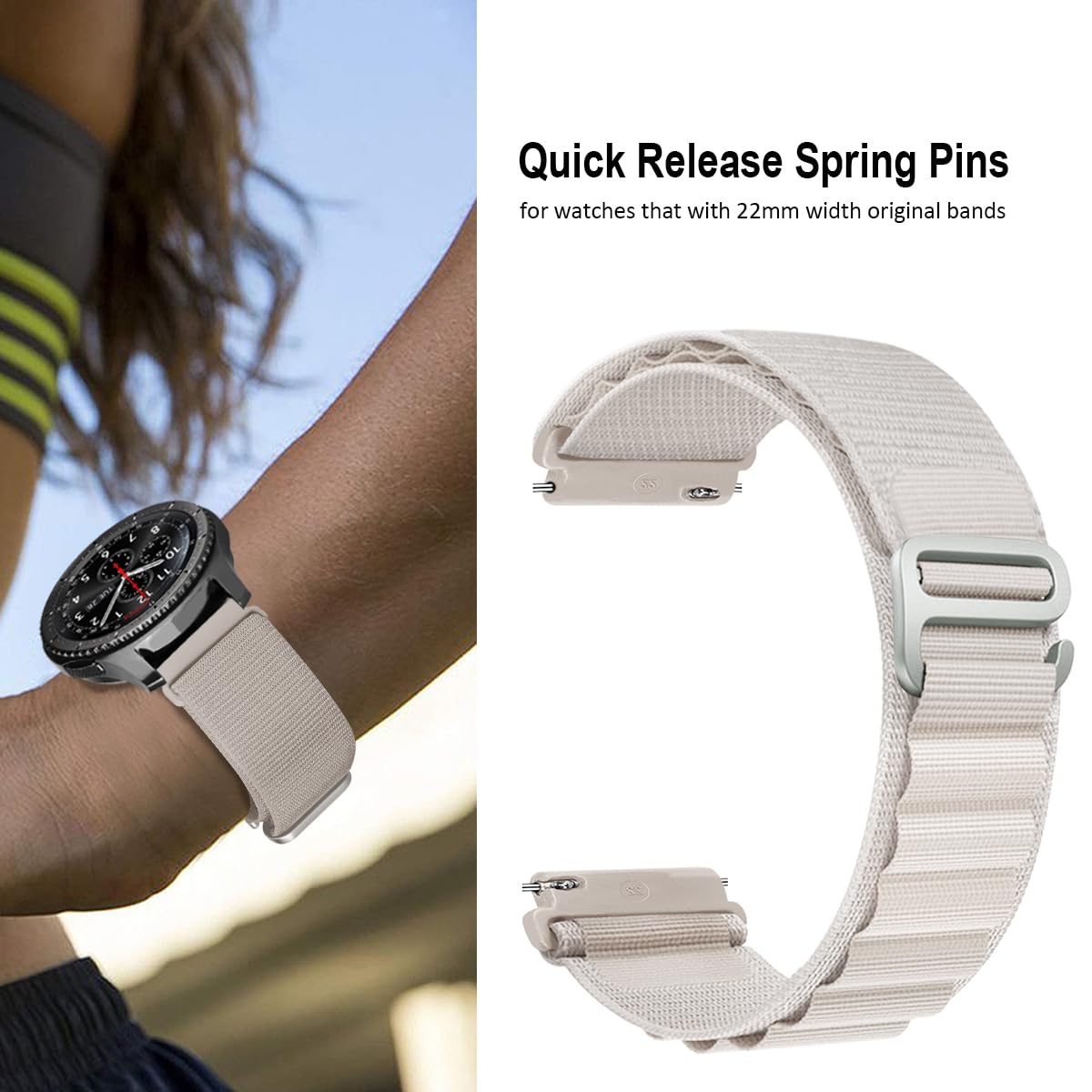 MroTech 22mm Nylon Band Compatible With Samsung Galaxy Watch 46mm (2019)/Watch 3 45mm/Gear S3 Frontier Band Replacement for GT/GT2/2e/GT3/GT4 Pro 46mm Strap for Men Women Alpine Starlight Beige