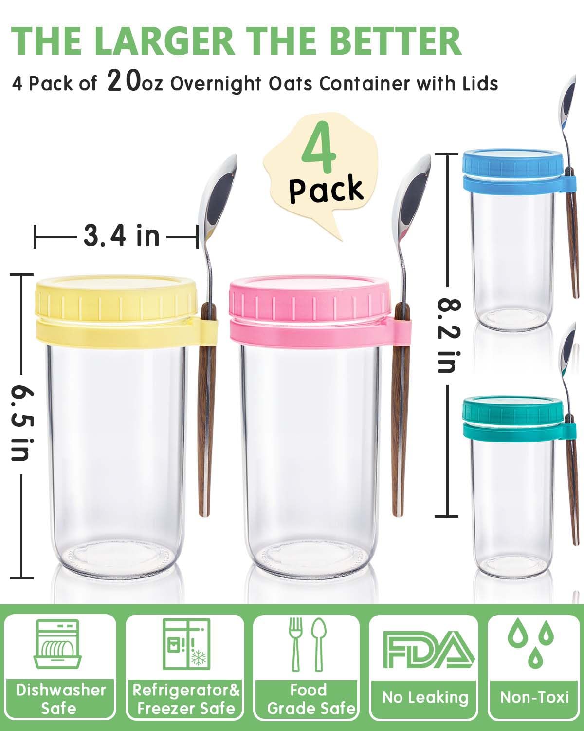 Kevenal Overnight Oats Containers with Lids and Spoon, 4 Pack 20 OZ Mason Jars for Overnight Oats Container, Yogurt Oatmeal Container Extra Large Capacity Salad Meal Prep Jars taking on-the-go