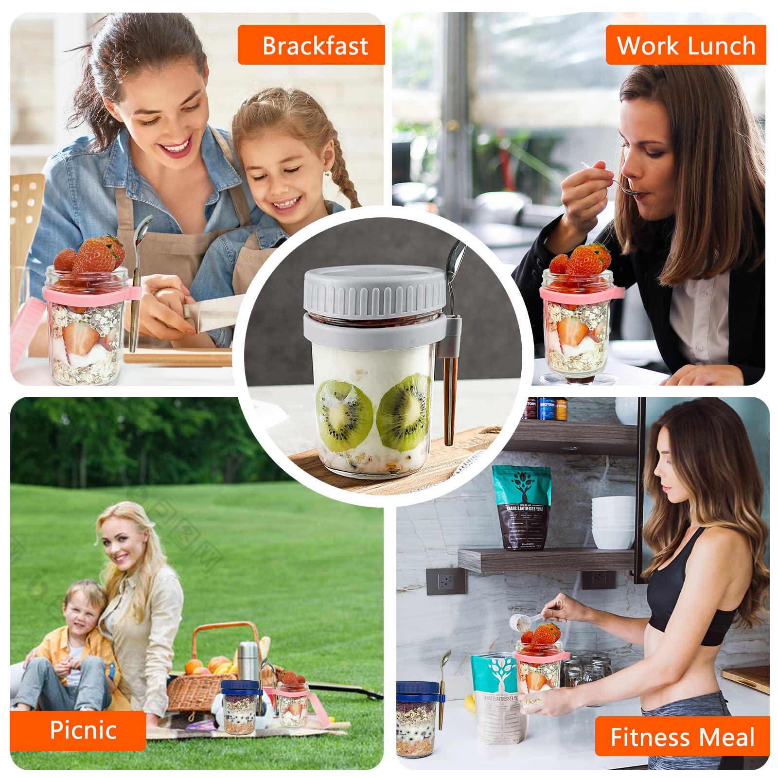 CGHWBEA Overnight Oats Container - Yogurt Oatmeal Glass Canning with Lids and Spoon, 10 oz Cereals, Milk, Fruit Salad, with Measurement Marks (grey)