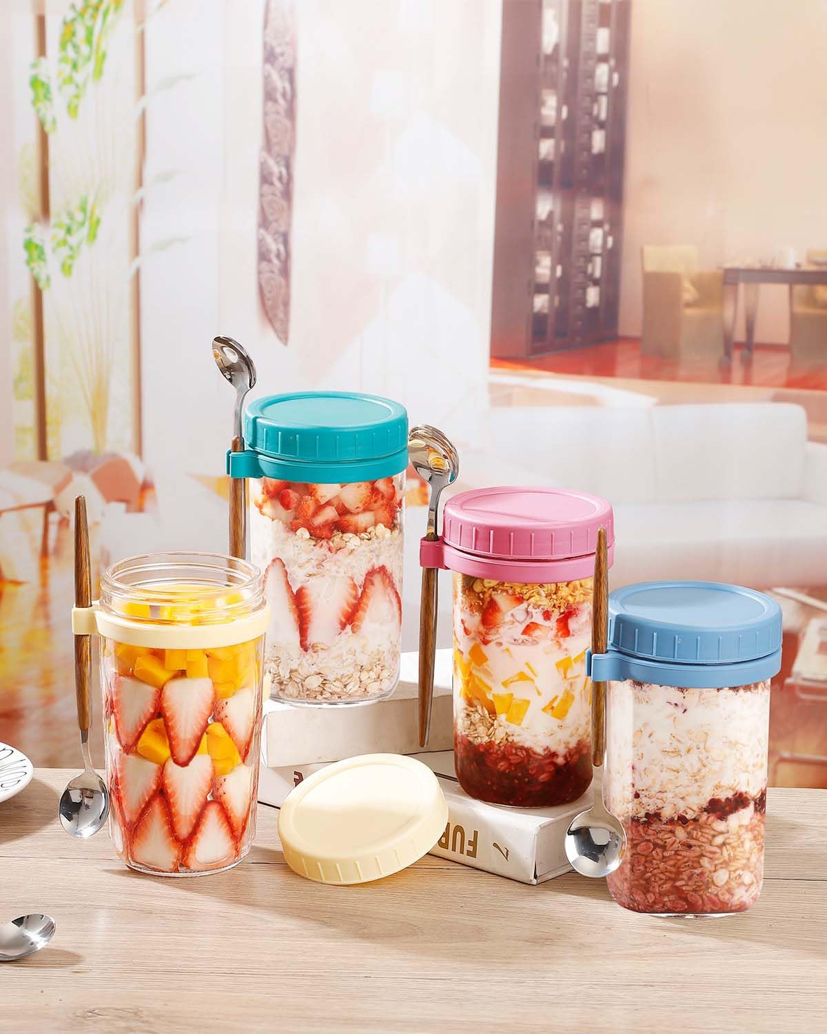 Kevenal Overnight Oats Containers with Lids and Spoon, 4 Pack 20 OZ Mason Jars for Overnight Oats Container, Yogurt Oatmeal Container Extra Large Capacity Salad Meal Prep Jars taking on-the-go