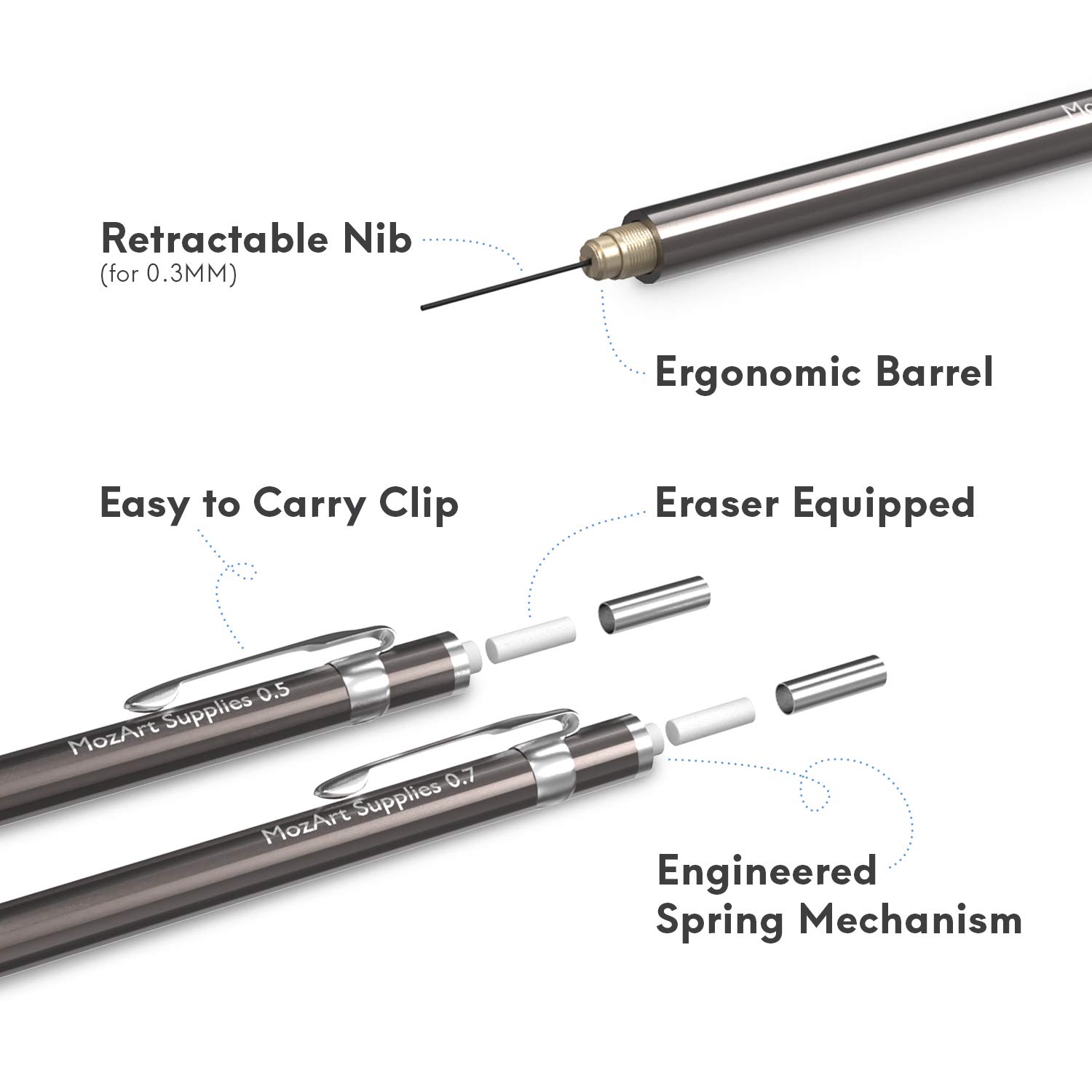 MozArt Mechanical Pencil Set with Case - 4 Sizes: 0.3, 0.5, 0.7 & 0.9mm with 30 HB Lead Refills Each & 4 Eraser Refills - Sketching, Architecture, Drawing Mechanical Pencils, Metal Mechanical Pencil