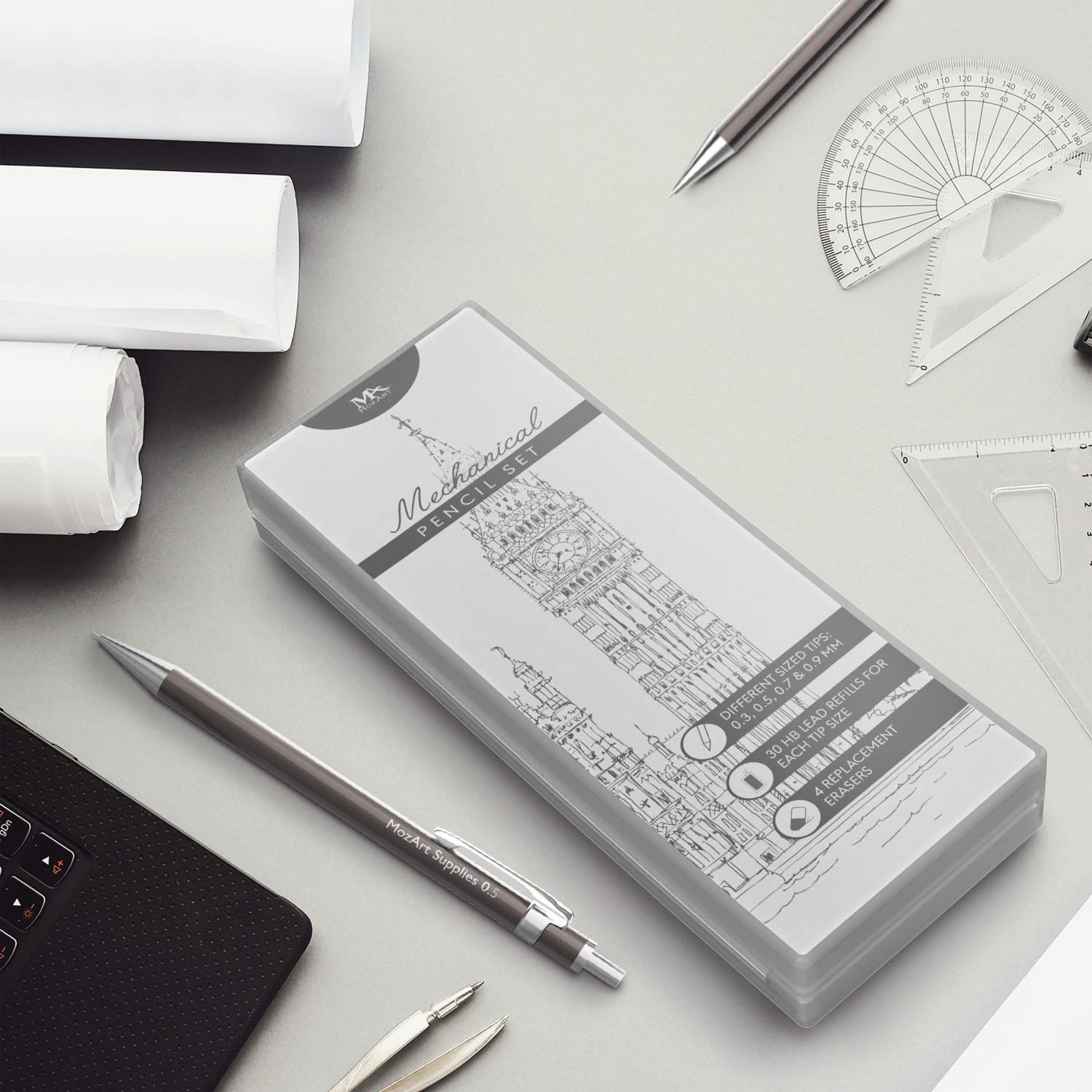 MozArt Mechanical Pencil Set with Case - 4 Sizes: 0.3, 0.5, 0.7 & 0.9mm with 30 HB Lead Refills Each & 4 Eraser Refills - Sketching, Architecture, Drawing Mechanical Pencils, Metal Mechanical Pencil