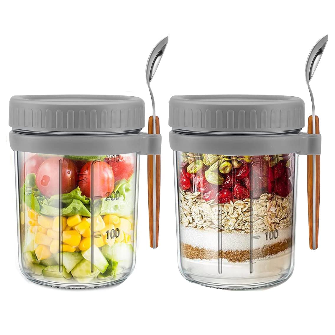 CGHWBEA Overnight Oats Container - Yogurt Oatmeal Glass Canning with Lids and Spoon, 10 oz Cereals, Milk, Fruit Salad, with Measurement Marks (grey)