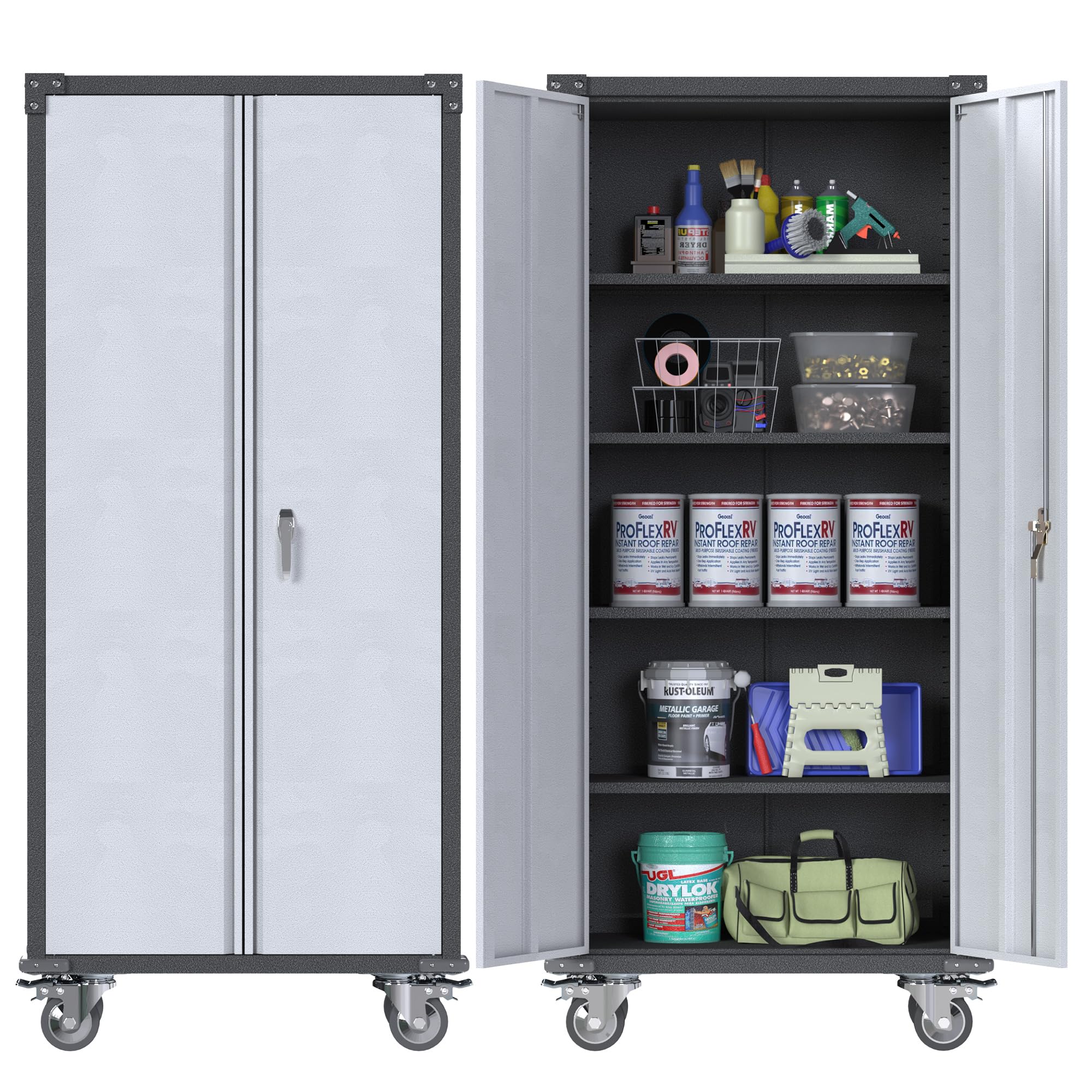 71'' Tall Metal Storage Cabinet with Wheels, Rolling Garage Cabinet with Lockable Doors and Adjustable Shelves, Metal Utility Cabinet for Garage and Home, Easy-Assembly