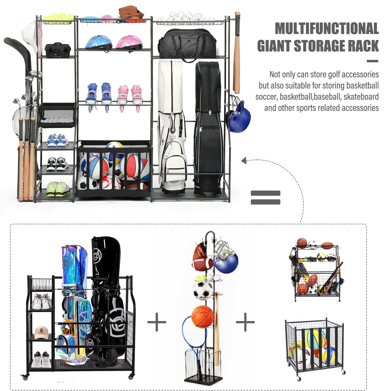 6.3FT Golf Bag Storage Garage Organizer,2 Golf Bag Storage Racks and Other Sports Equipment Organizer, Extra Large Storage Rack for Garage,Holds Golf Clubs,Balls and Miscellaneous Items