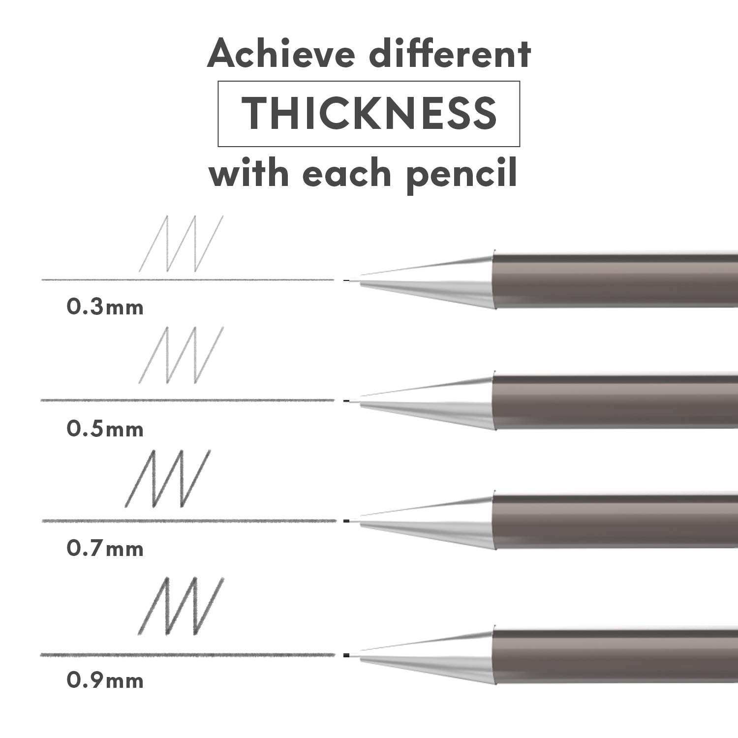 MozArt Mechanical Pencil Set with Case - 4 Sizes: 0.3, 0.5, 0.7 & 0.9mm with 30 HB Lead Refills Each & 4 Eraser Refills - Sketching, Architecture, Drawing Mechanical Pencils, Metal Mechanical Pencil
