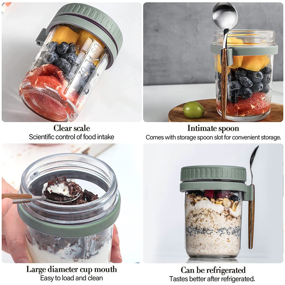 PAIKON Overnight Oats Containers with Lids and Spoons, 4 Pack Mason Jars Oatmeal Container,12 oz Glass Overnight Oats Container, Airtight Jars For Yogurt Milk Pudding Cereal Fruit