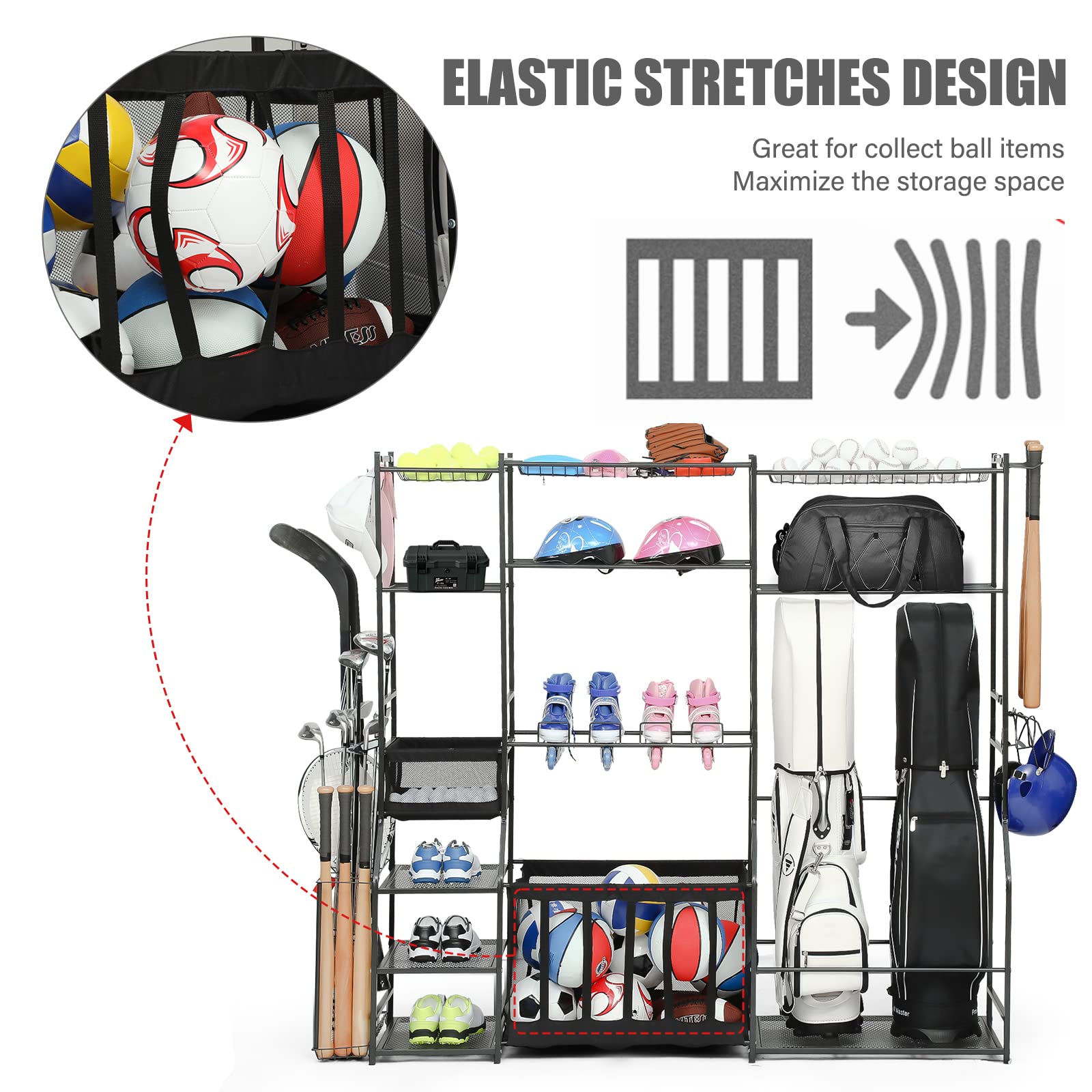 6.3FT Golf Bag Storage Garage Organizer,2 Golf Bag Storage Racks and Other Sports Equipment Organizer, Extra Large Storage Rack for Garage,Holds Golf Clubs,Balls and Miscellaneous Items