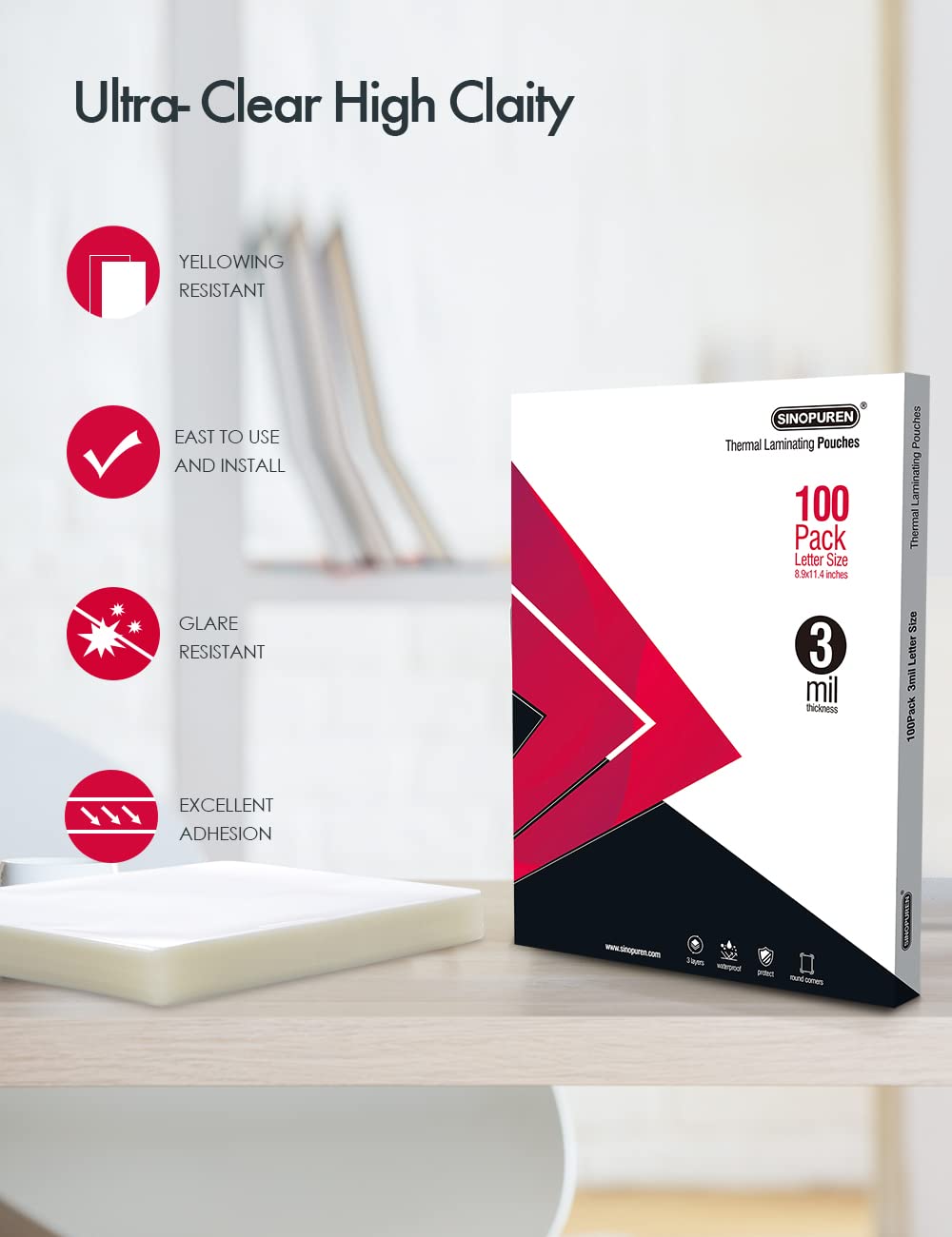 SINOPUREN Thermal Laminating Pouches, 3mil Laminating Sheets, 8.9x11.4 Inches, 100pack, Letter Size, HeatSeal, Clear