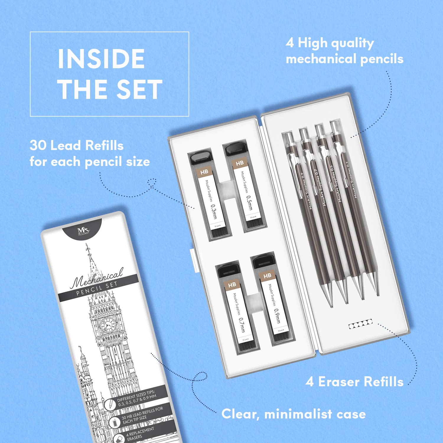 MozArt Mechanical Pencil Set with Case - 4 Sizes: 0.3, 0.5, 0.7 & 0.9mm with 30 HB Lead Refills Each & 4 Eraser Refills - Sketching, Architecture, Drawing Mechanical Pencils, Metal Mechanical Pencil