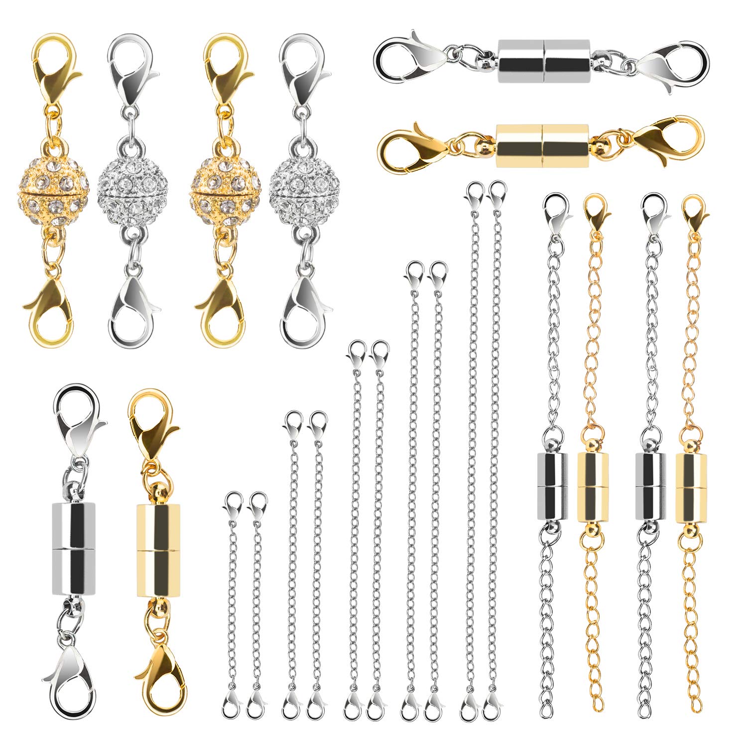 Beinhome 22Pcs Magnetic Jewelry Clasps and Necklace Extenders Gold Silver, Multiple Sizes and Styles Chain Extenders Magnetic Clasps