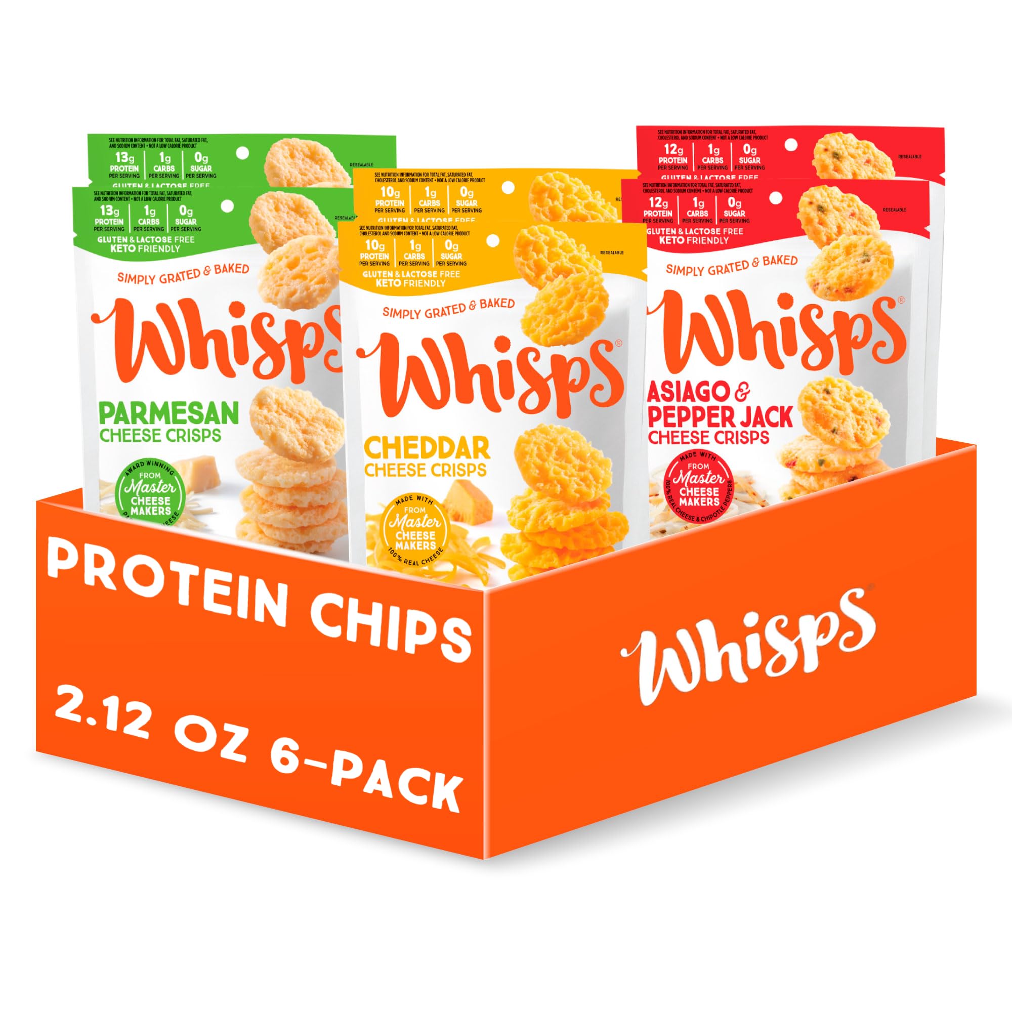 Whisps Cheese Crisps Variety Pack | Protein Chips | Healthy Snacks | Protein Snacks, Gluten Free, High Protein, Low Carb Keto Food | Parmesan, Cheddar Cheese, Asiago, Pepper Jack (2.12 Oz, 6 Pack)