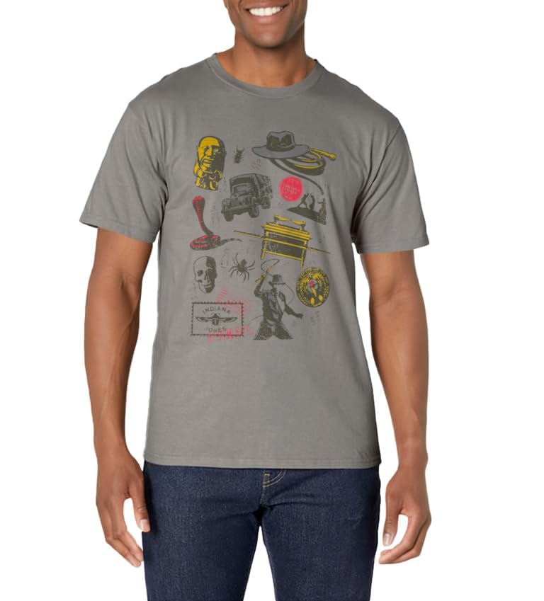 Indiana Jones Unisex-Adults T-Shirt - Grey - Small - Short Sleeve - Classic Fit - Graphic - Cotton - Machine Wash - 1 Count