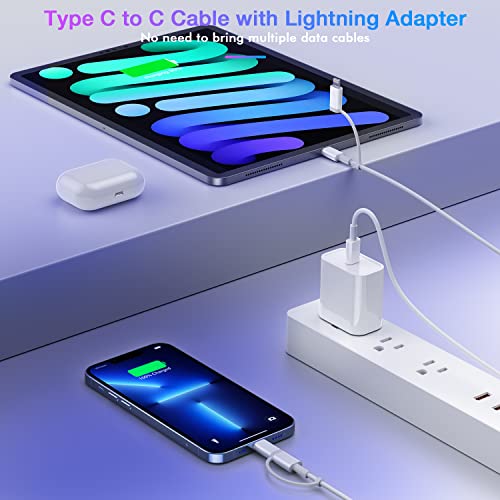 6 FT iPad Charger with Lightning to USB C Adapter, [Apple MFi Certified] iPad Charger +USB C to C Cable +USB C to iOS Adapter, USB C Female to Lightning Male Adapter for iPad/iPad Air/iPad Mini/iPhone