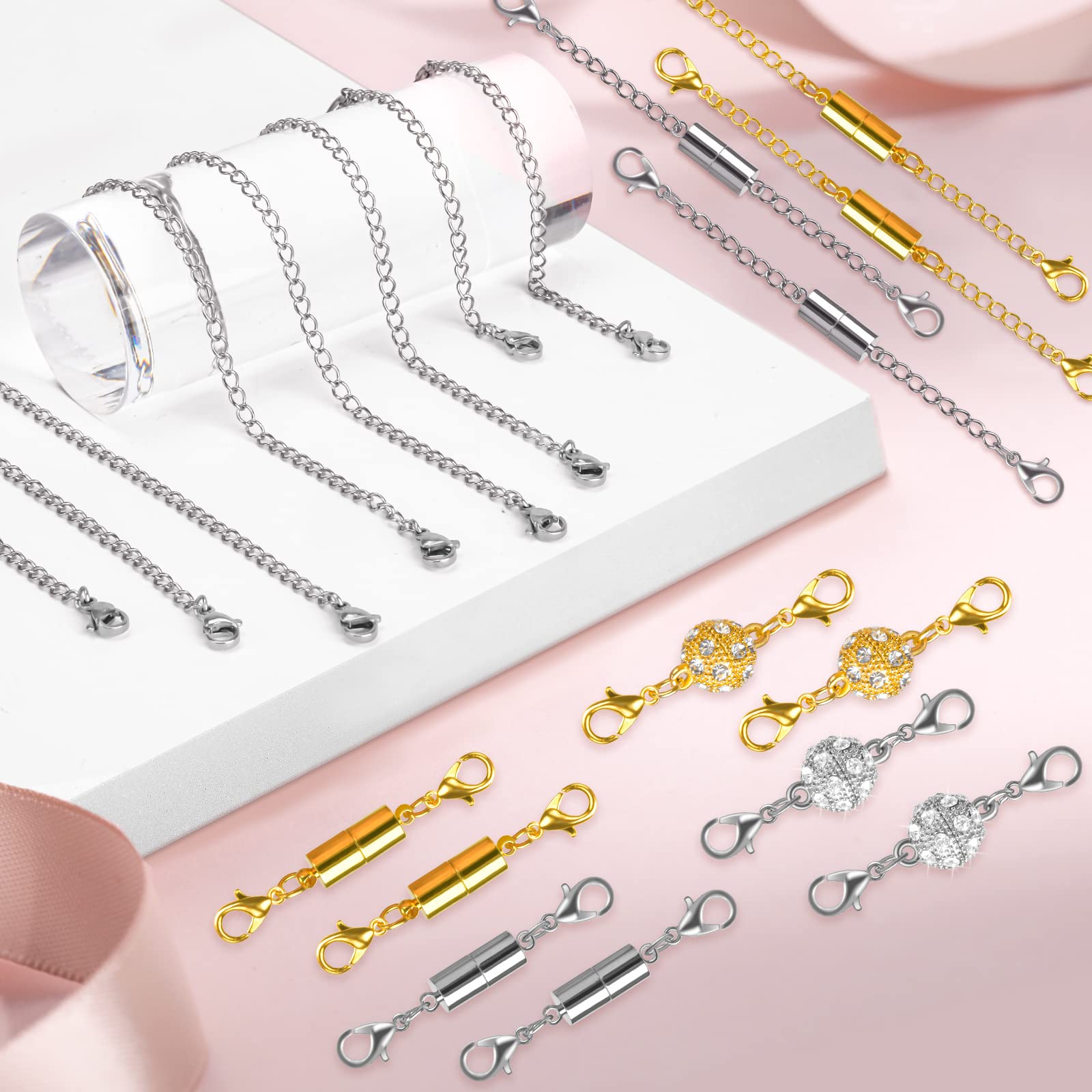 Beinhome 22Pcs Magnetic Jewelry Clasps and Necklace Extenders Gold Silver, Multiple Sizes and Styles Chain Extenders Magnetic Clasps