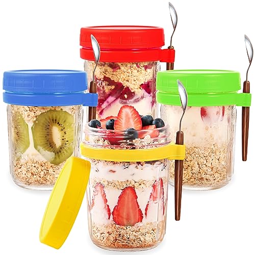 GKOKG 4pcs Overnight Oats Jars with Spoon and Lid (Red)