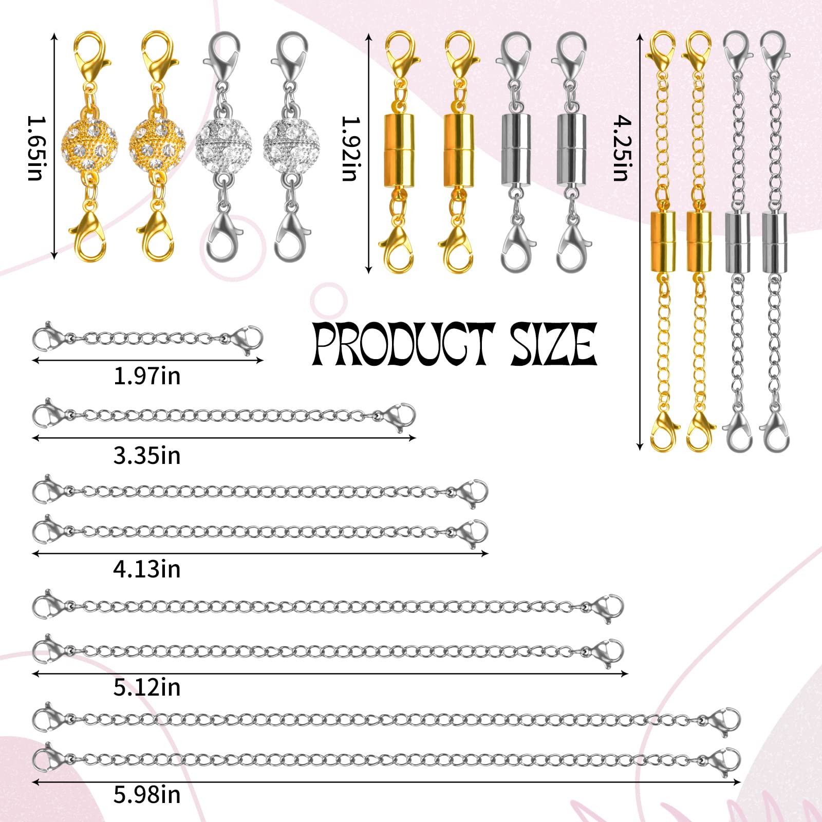 Beinhome 22Pcs Magnetic Jewelry Clasps and Necklace Extenders Gold Silver, Multiple Sizes and Styles Chain Extenders Magnetic Clasps