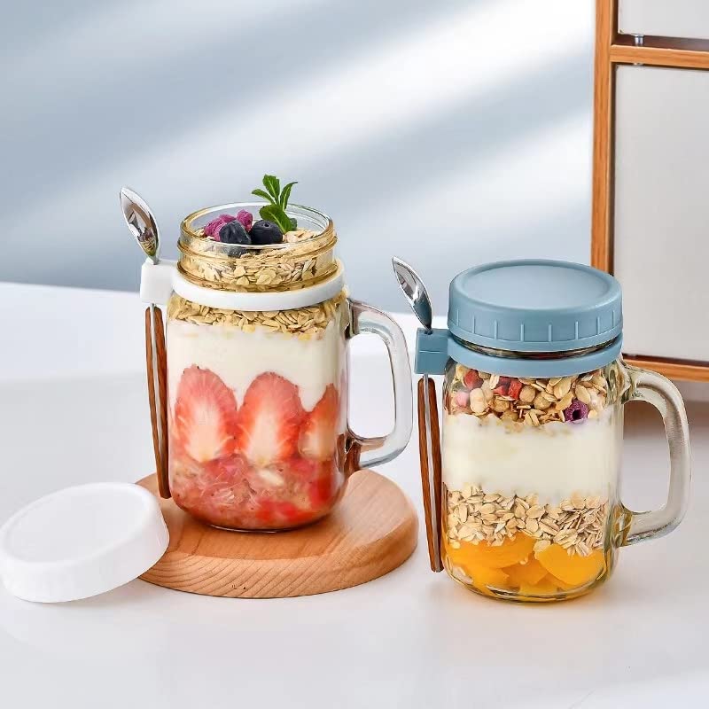 Overnight Oat Containers with Lids and Spoon and Handle, 2 Pack, Large Glass Overnight Oats Jars Reusable Airtight 16 oz Mason Jars for Cereal Yogurt