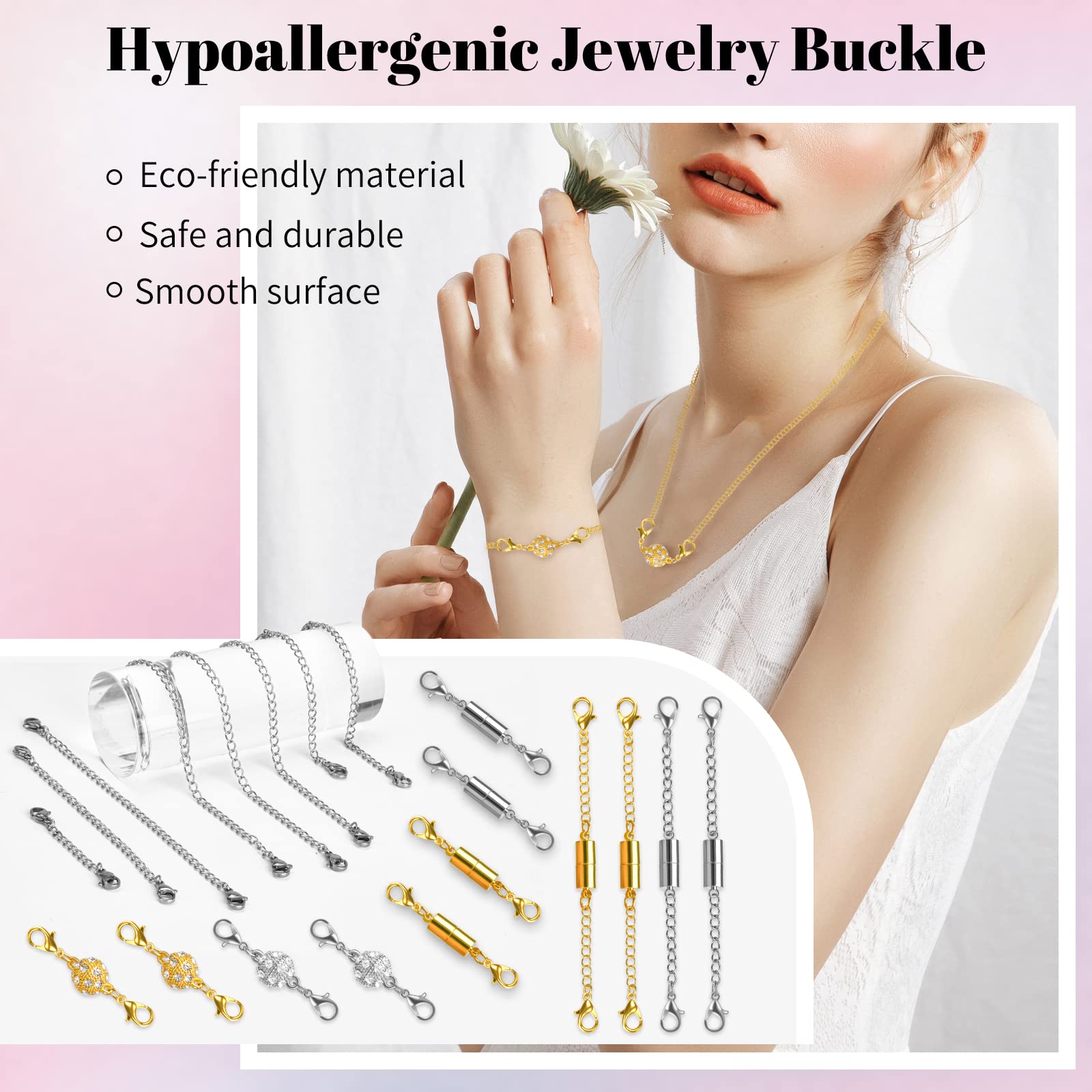 Beinhome 22Pcs Magnetic Jewelry Clasps and Necklace Extenders Gold Silver, Multiple Sizes and Styles Chain Extenders Magnetic Clasps