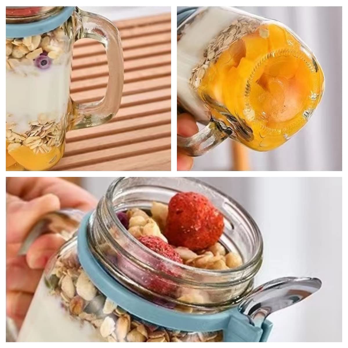 Overnight Oat Containers with Lids and Spoon and Handle, 2 Pack, Large Glass Overnight Oats Jars Reusable Airtight 16 oz Mason Jars for Cereal Yogurt