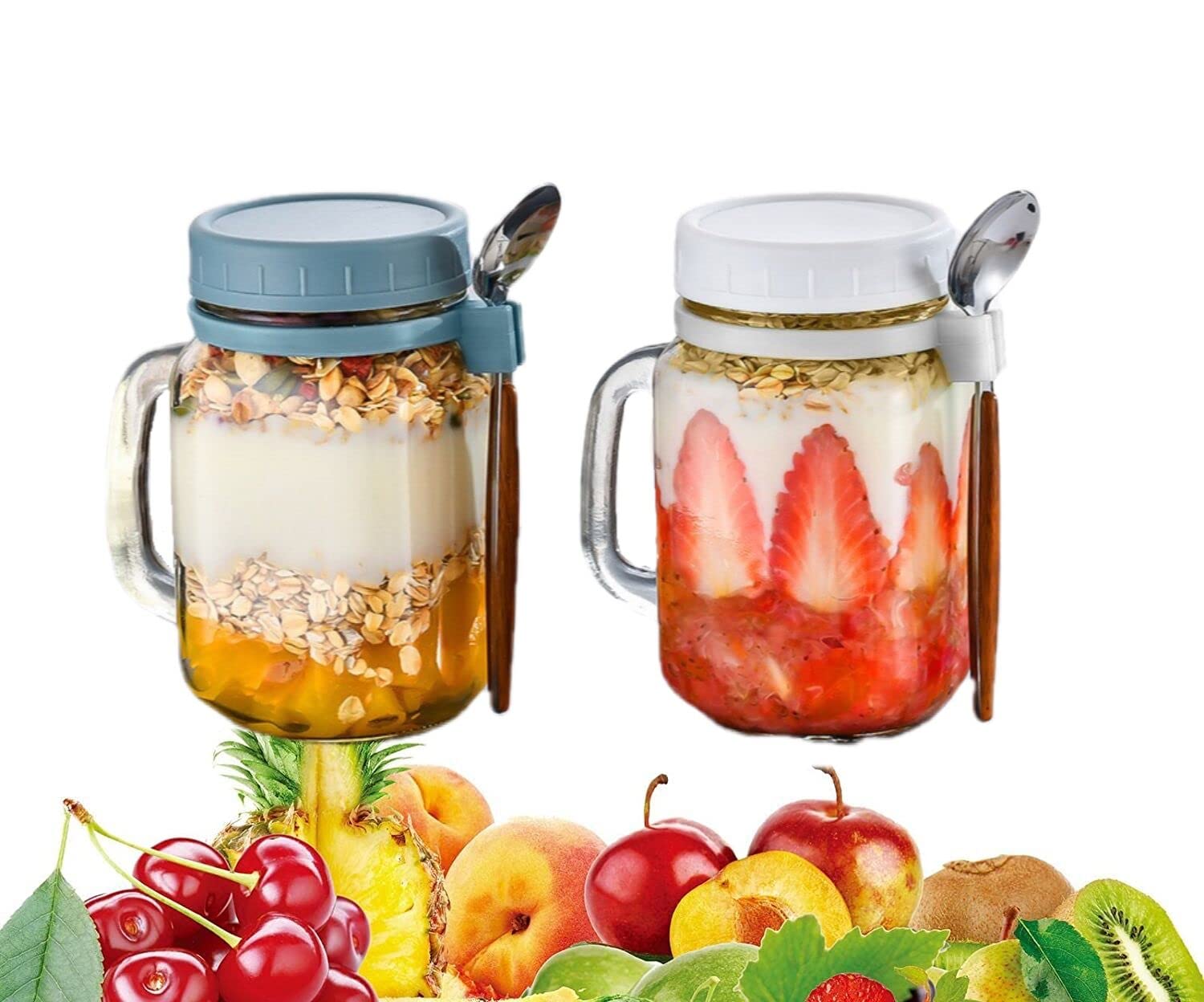 Overnight Oat Containers with Lids and Spoon and Handle, 2 Pack, Large Glass Overnight Oats Jars Reusable Airtight 16 oz Mason Jars for Cereal Yogurt