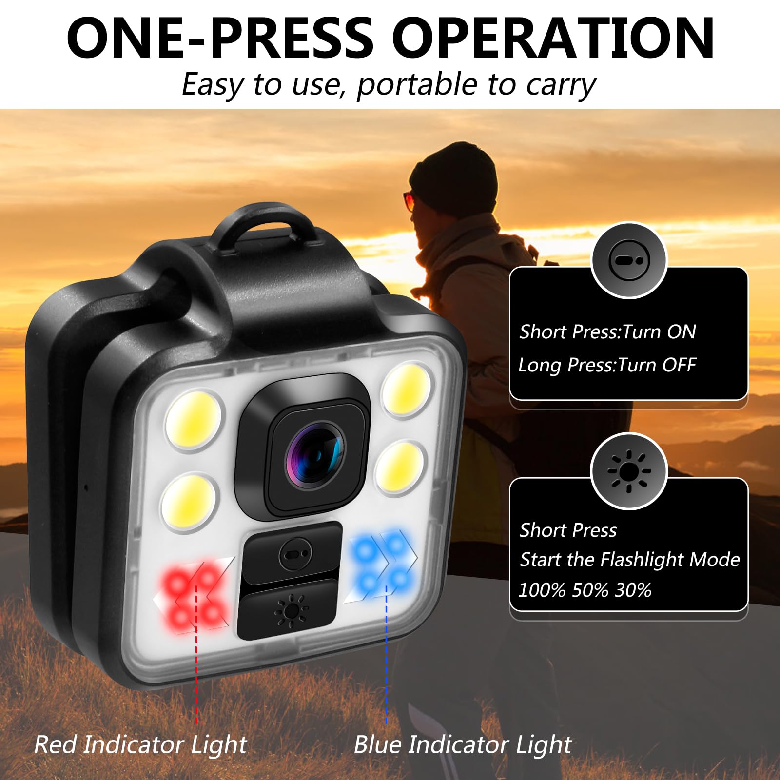 TANGMI Mini Body Camera with Audio and Video Recording, 1080P Portable Video Recorder Outdoor Sports Wireless Wearable Camera, 3 Led Modes Flashlight HeadLamp Waterproof Camera with Time Stamps