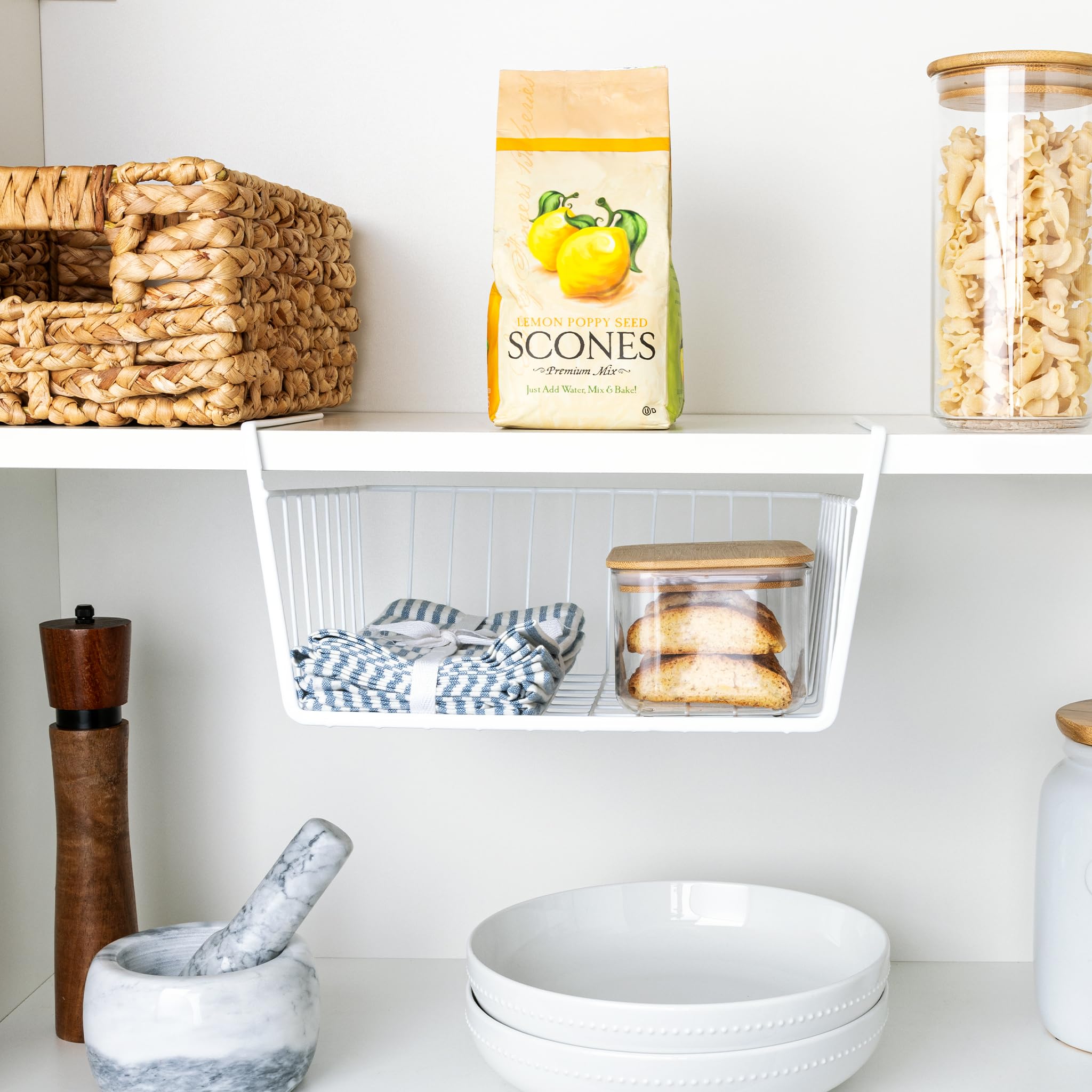 Smart Design Undershelf Storage Basket - Small - Snug Fit Arms - Steel Metal Wire - Rust Resistant Finish - Cabinet, Pantry, Shelf Organization - Kitchen (12 x 5.5 Inch) [White]
