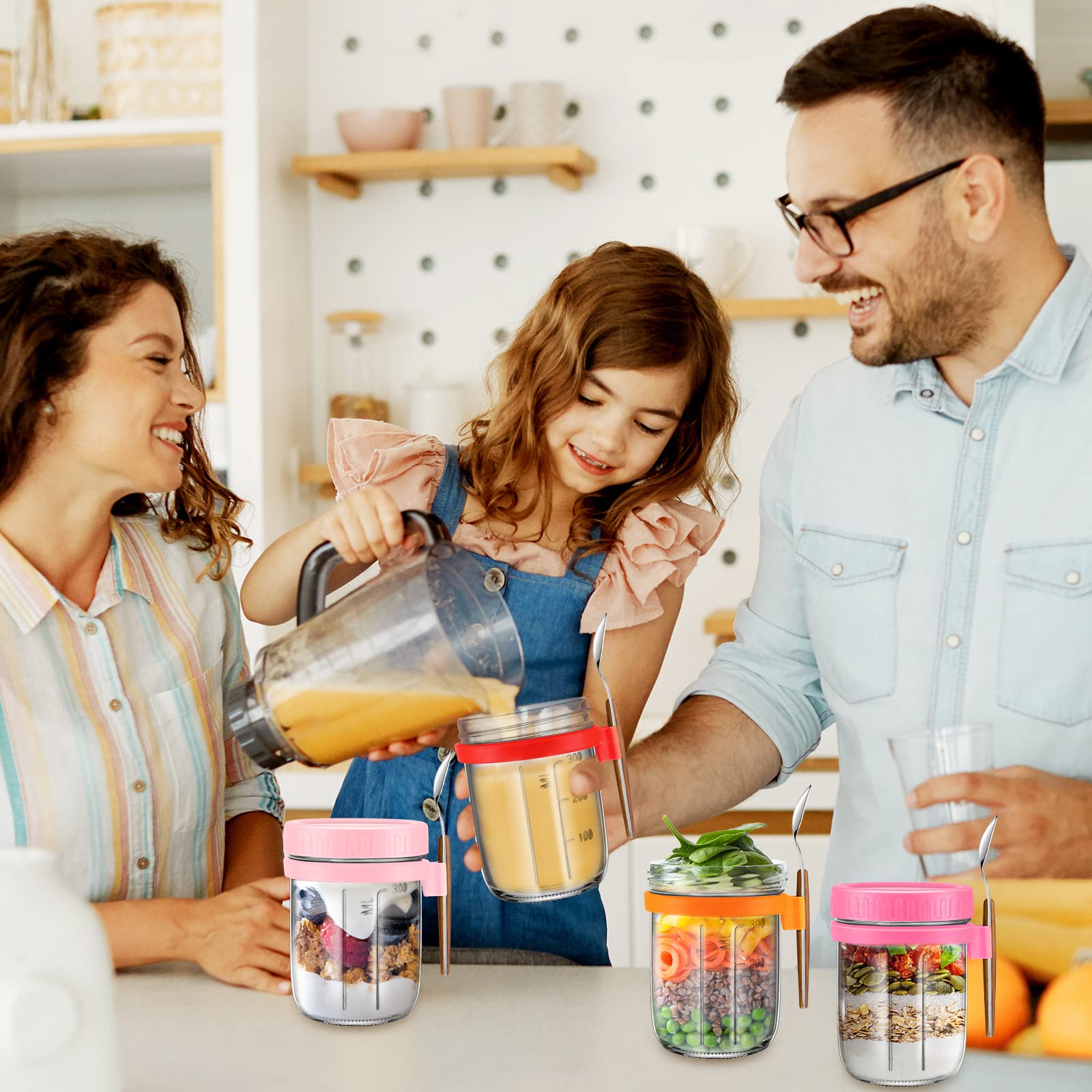 Sieral 4 Set Overnight Oats Containers with Lid and Spoon Overnight Oats Jars 12oz Glass Airtight with Measurement for Cereal Yogurt Milk (Multicolor)