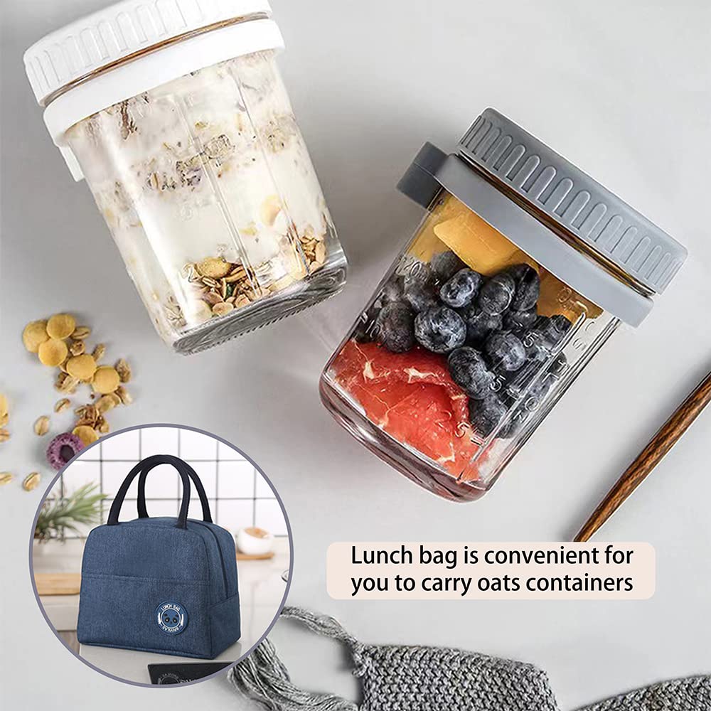 FHDUSRYO 3PCS Overnight Oats Containers with Lids and Spoon, 10oz Overnight Oats Jars, Large Airtight Oatmeal Container with Bag, Glass Mason Jars for Cereal Fruit Milk Salad Meal Prep (White+Grey)