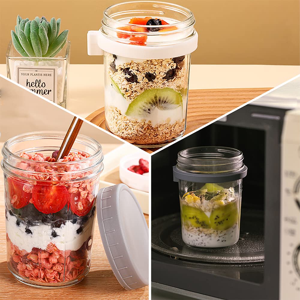 FHDUSRYO 3PCS Overnight Oats Containers with Lids and Spoon, 10oz Overnight Oats Jars, Large Airtight Oatmeal Container with Bag, Glass Mason Jars for Cereal Fruit Milk Salad Meal Prep (White+Grey)