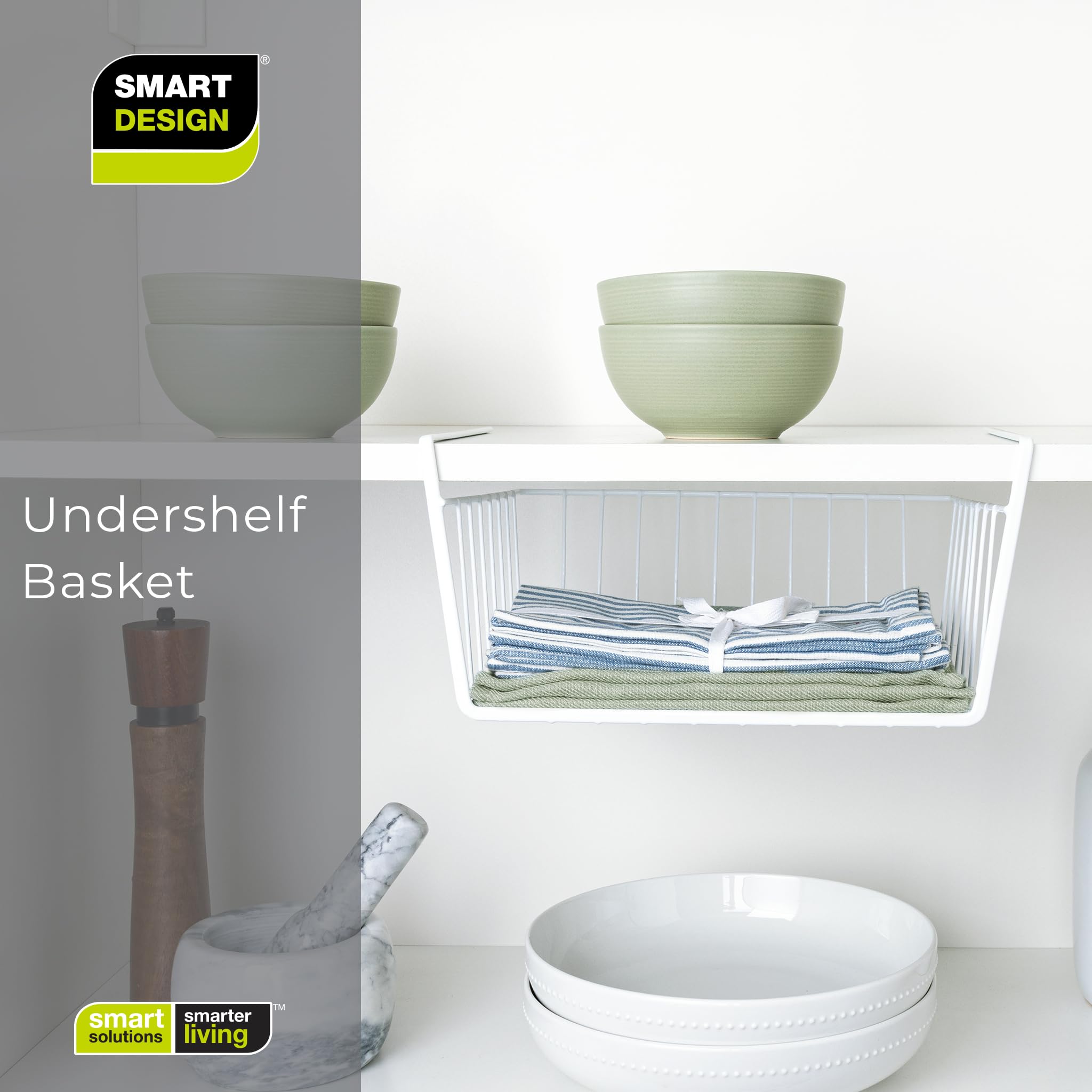 Smart Design Undershelf Storage Basket - Small - Snug Fit Arms - Steel Metal Wire - Rust Resistant Finish - Cabinet, Pantry, Shelf Organization - Kitchen (12 x 5.5 Inch) [White]