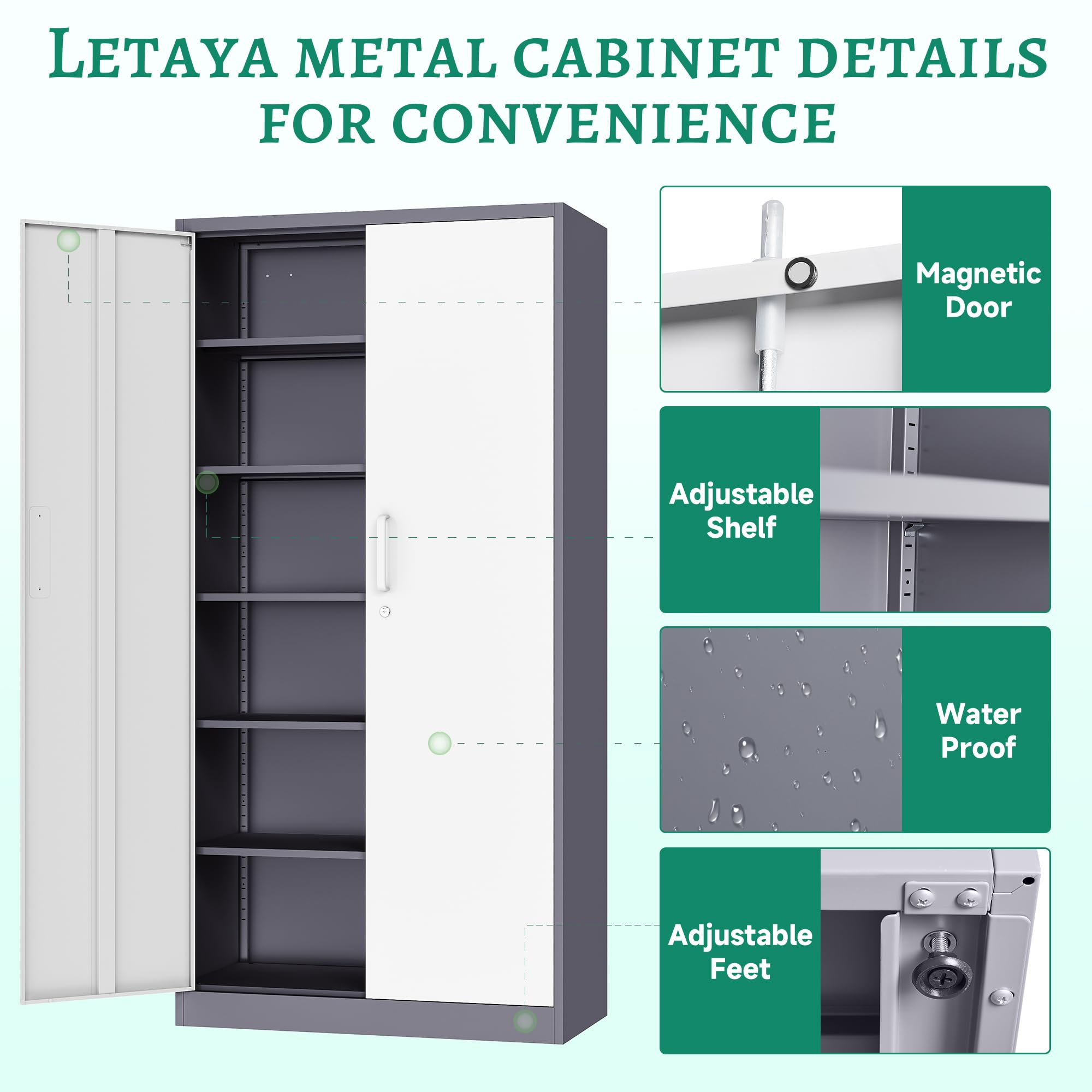 Letaya Metal Storage Cabinet with Lock Door, 71" Adjustable Shelf Steel Lockers for Office, Home,School,Garage Utility Tool Cabinet (2 Door-White&Gray)