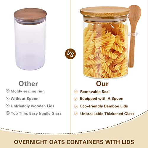 Nevfiro 4 Pack Airtight Glass Jars with Bamboo Lid and Spoon, 19Oz Borosilicate Glass Food Storage Containers Canisters, Decorative Overnight Oats Containers with Lids for Coffee, Tea, Sugar