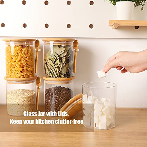 Nevfiro 4 Pack Airtight Glass Jars with Bamboo Lid and Spoon, 19Oz Borosilicate Glass Food Storage Containers Canisters, Decorative Overnight Oats Containers with Lids for Coffee, Tea, Sugar