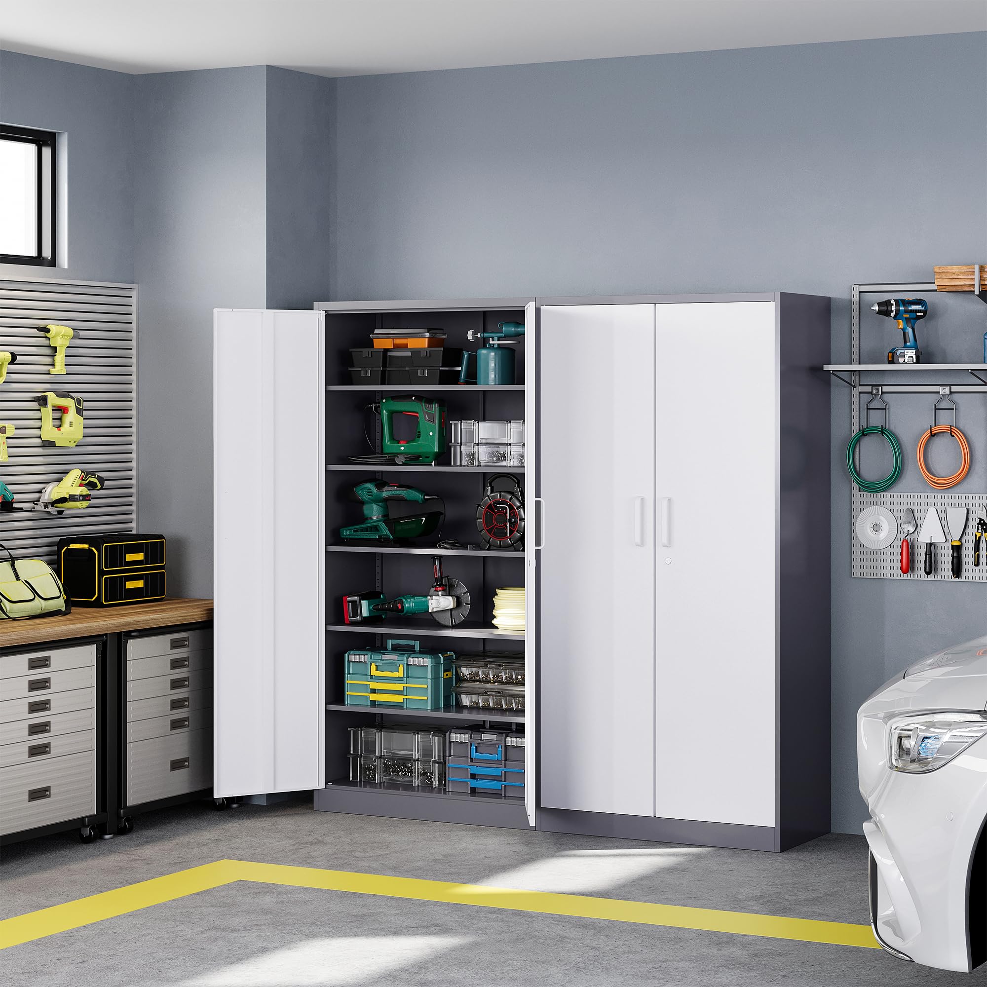 Letaya Metal Storage Cabinet with Lock Door, 71" Adjustable Shelf Steel Lockers for Office, Home,School,Garage Utility Tool Cabinet (2 Door-White&Gray)