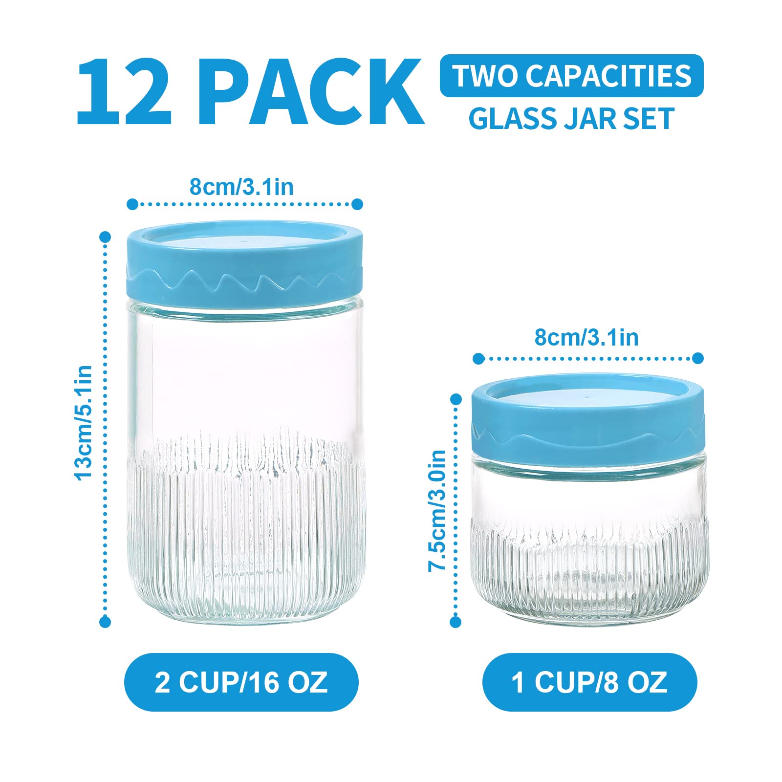 GULFLIN 12 Pack Glass Jars with Screw Lids for Overnight Oats Snacks Candle Canning Spice Wide Mouth Leak-proof Storage Containers Airtight - Reusable Stackable Kitchen Canisters Set