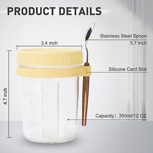 2 Pack Overnight Oats Containers with Lids and Spoons, 12 oz Glass Mason Overnight Oats Jars, Airtight Oatmeal Container with Measurement Marks for Yogurt Milk Cereal Vegetable and Fruit Salad