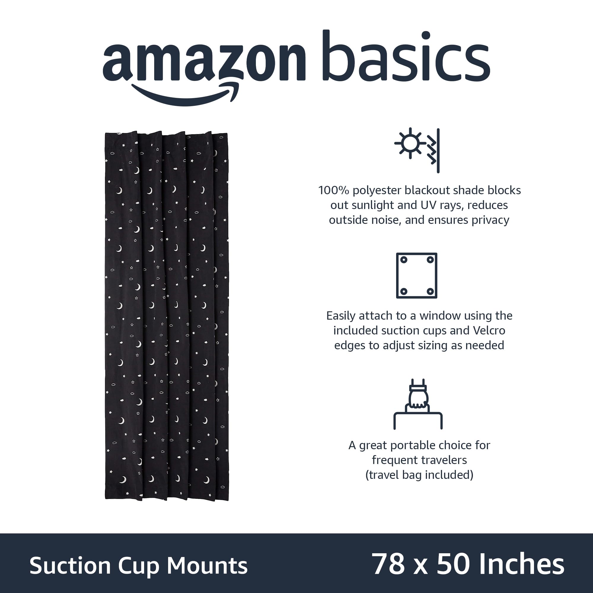 Amazon Basics Portable Window Blackout Curtain Shade with Suction Cups for Travel, Kids, and Baby Nursery - 50" x 78", Moon & Stars - 1-Pack