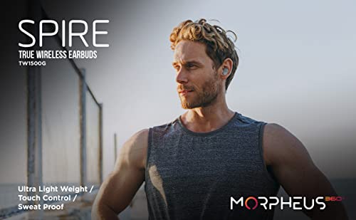 Morpheus 360 Spire True Wireless Earbuds TW1500B (Black), Noise Isolation Touch Control Light-Weight Mini Sweat Proof Waterproof Earbuds with Deep Bass