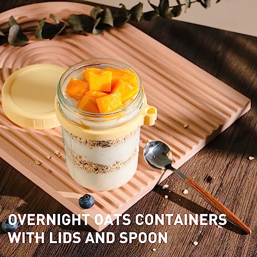 2 Pack Overnight Oats Containers with Lids and Spoons, 12 oz Glass Mason Overnight Oats Jars, Airtight Oatmeal Container with Measurement Marks for Yogurt Milk Cereal Vegetable and Fruit Salad