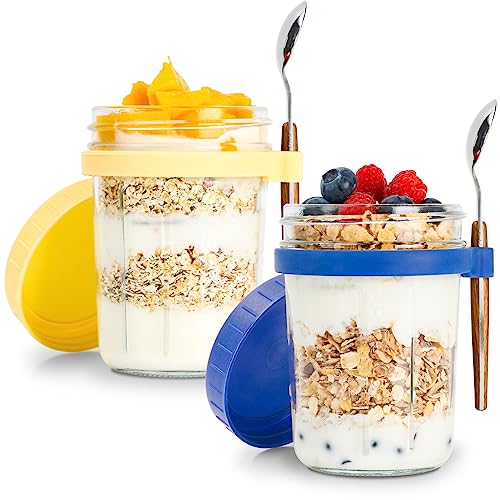 2 Pack Overnight Oats Containers with Lids and Spoons, 12 oz Glass Mason Overnight Oats Jars, Airtight Oatmeal Container with Measurement Marks for Yogurt Milk Cereal Vegetable and Fruit Salad