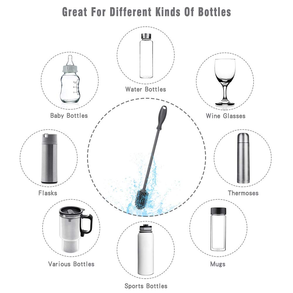 Silicone Bottle Cleaning Brush with Long Handle, 12.5" Water Bottle Cleaner for Baby Bottles, Hydro Flask, Sports Bottle, Vase, Glassware, Perfect for Smaller Diameter Bottle Openings (One Pack)