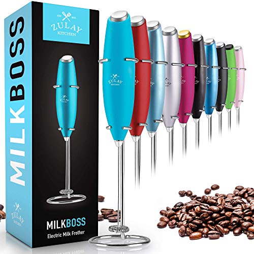 Zulay Original Milk Frother Handheld Foam Maker for Lattes - Whisk Drink Mixer for Coffee, Mini Foamer for Cappuccino, Frappe, Matcha, Hot Chocolate by Milk Boss (Matte Sky Blue) (Renewed)