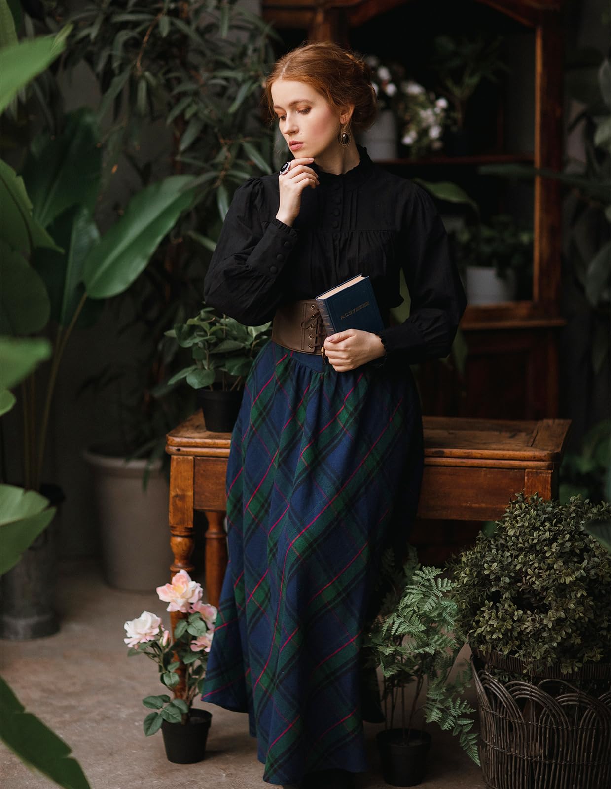 Long Plaid Skirts for Women Maxi Elastic High Waist Tartan Swing Skirt Blue S