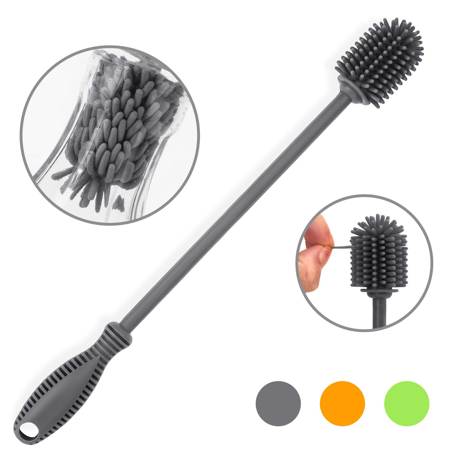 Silicone Bottle Cleaning Brush with Long Handle, 12.5" Water Bottle Cleaner for Baby Bottles, Hydro Flask, Sports Bottle, Vase, Glassware, Perfect for Smaller Diameter Bottle Openings (One Pack)