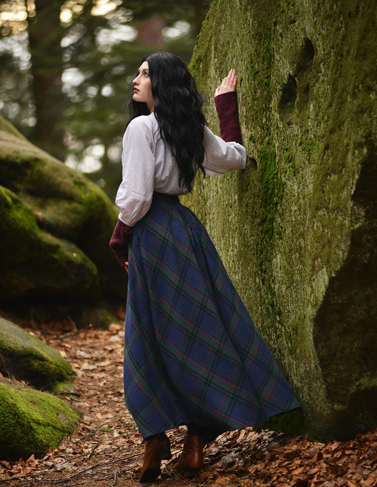 Long Plaid Skirts for Women Maxi Elastic High Waist Tartan Swing Skirt Blue S
